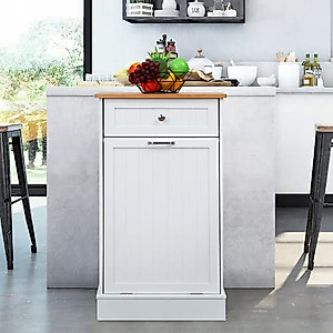EROMMY Tilt Out Trash Cabinet, Wooden Kitchen Trash Can Free Standing Waste Bin, Recycling Hideaway Garbage Can Holder with Drawer and Removable Bamboo Cutting Board, White