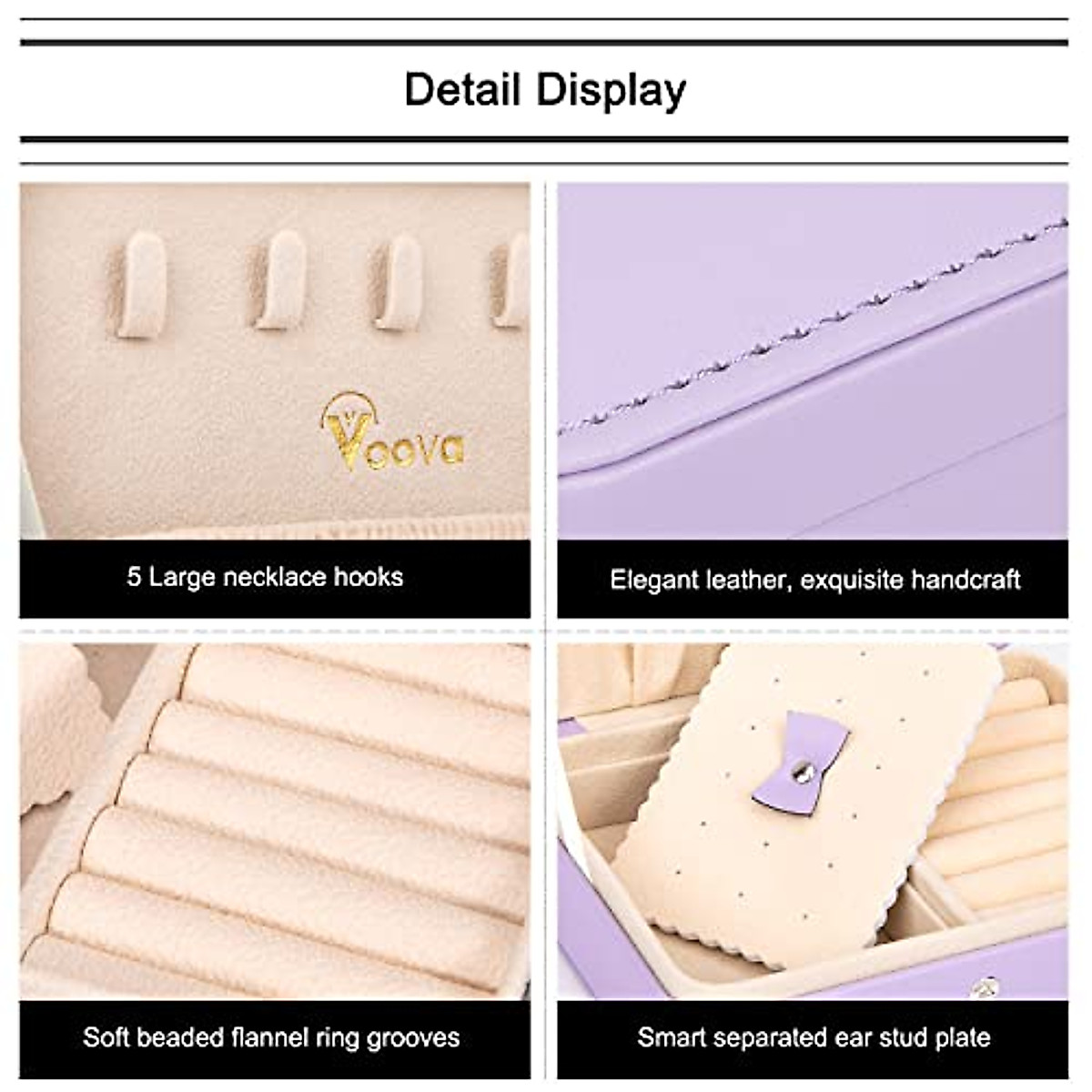 Voova Small Jewelry Organizer Box, Travel Jewelry Case for Women Teen Girls, Mini PU Leather Portable Jewellery Storage Boxes Holder with Smart Earrings Plate for Necklaces Rings Bracelets, Lavender