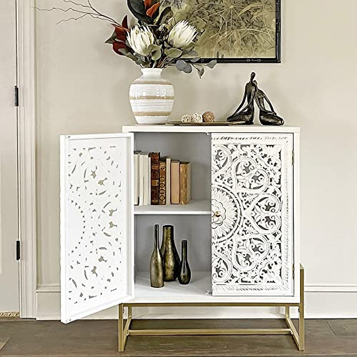 PHI VILLA White Accent Cabinet Storage Cabinet with Doors Buffet Cabinet Pantry Cabinet Sideboard for Dining Room Hollow Carved
