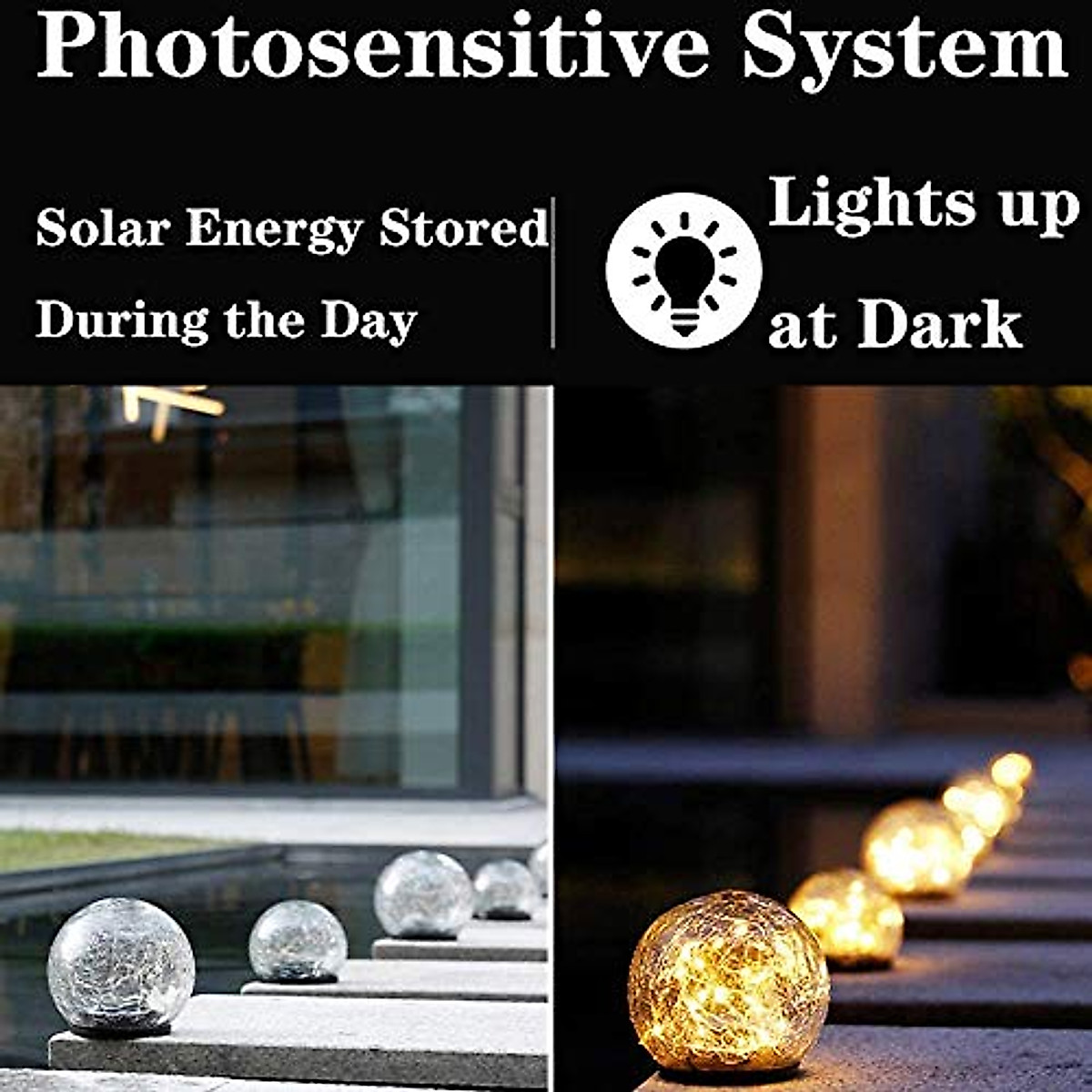 Garden Solar Lights, Cracked Glass Ball Waterproof Warm White LED for Outdoor Decor Decorations Pathway Patio Yard Lawn, 3 Globe (3.9", 4.7", 5.9")