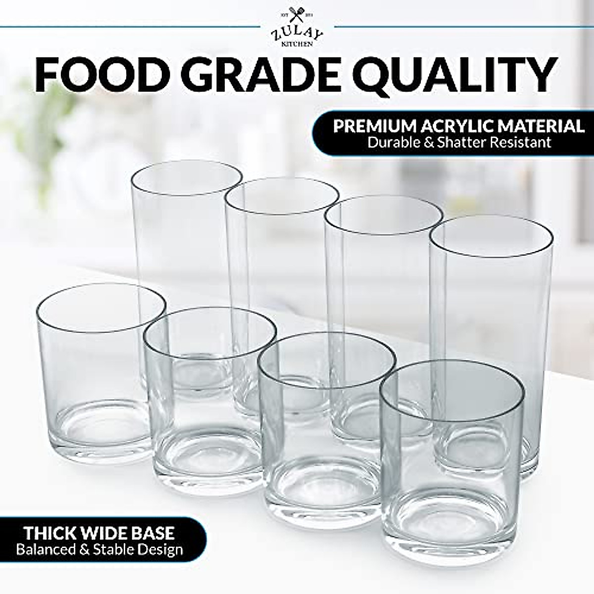 Zulay Plastic Tumblers Drinking Glasses Set of 8 Clear - 4 Each: 12oz and 16oz Acrylic Cups For Kitchen - Unbreakable, Dishwasher Safe Plastic Glasses Set