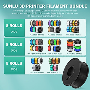 SUNLU 3D Printer Filament, PLA Matte and Silk Filament Bundle, 1.75mm PLA Filament Muticolor, 250G Spool, 8 Rolls, Black+White+Red+Blue+Green+Pink+Grey+Clay