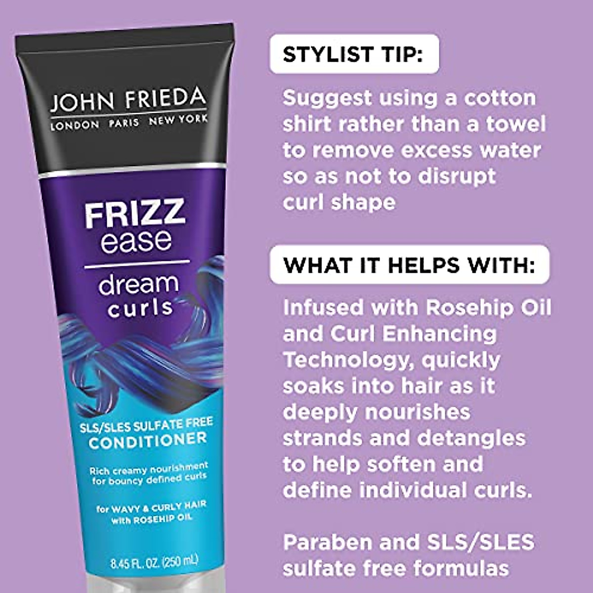 John Frieda Frizz Ease Dream Curls Conditioner, Hydrates and Defines Curly, Wavy Hair, Helps Control Frizz, SLS/SLES Sulfate Free, Enhances Natural Curls, 8.45 Fluid Ounces
