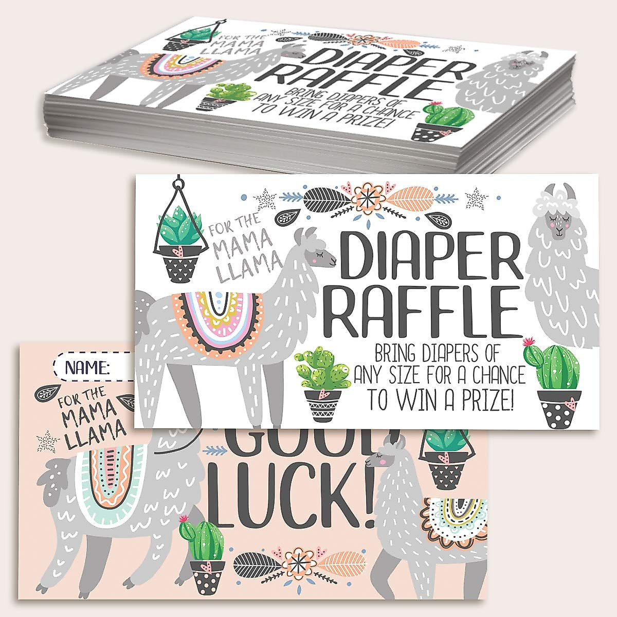 Lone Star Art Diaper Raffle Tickets - Mama Llama Themed Card, Fun Cute Animals and Colorful Baby Shower Games Raffle Sign and Ticket, Neutral Gender, Set of 50 Double Sided Raffle Stationery Cards