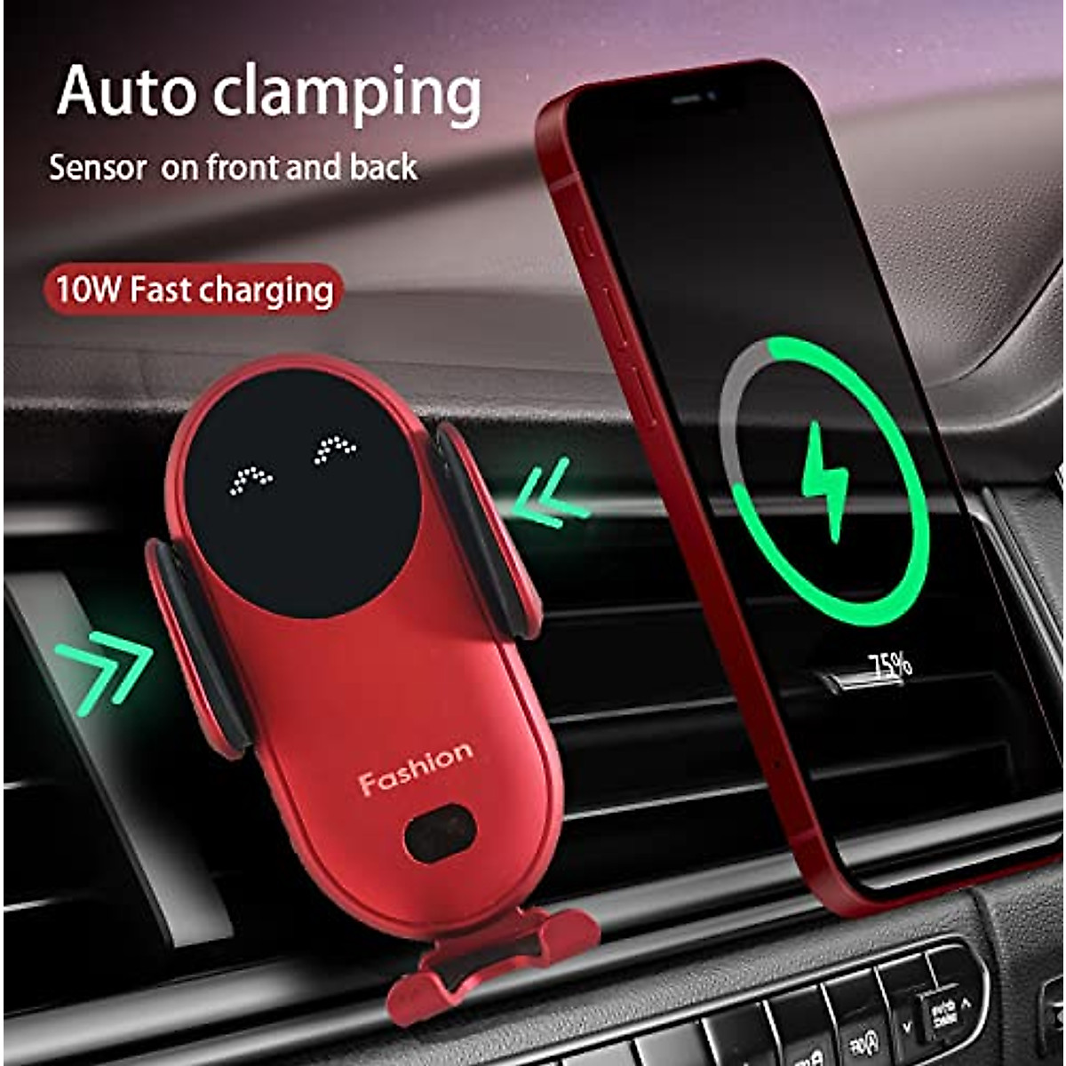 Wireless Car Charger, Auto Clamping Fast Charging with Light,Car Phone Holder Mount Compatible with iPhone 14/13/12/SE/11/XSMax/XS/XR/X/8,Samsung S22/ 21/20/10/9/Note 20/10/9 Red