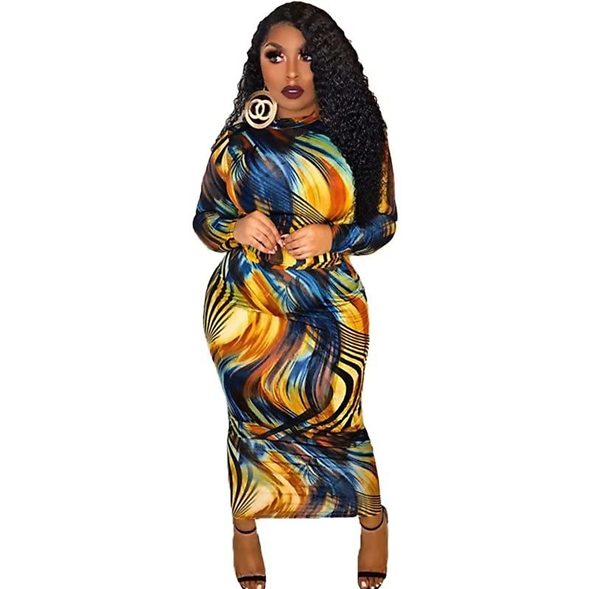 Bluewolfsea Women's Sexy Long Sleeve Printed Bodycon Mixi Dress Cocktail Party Dresses Large Brown