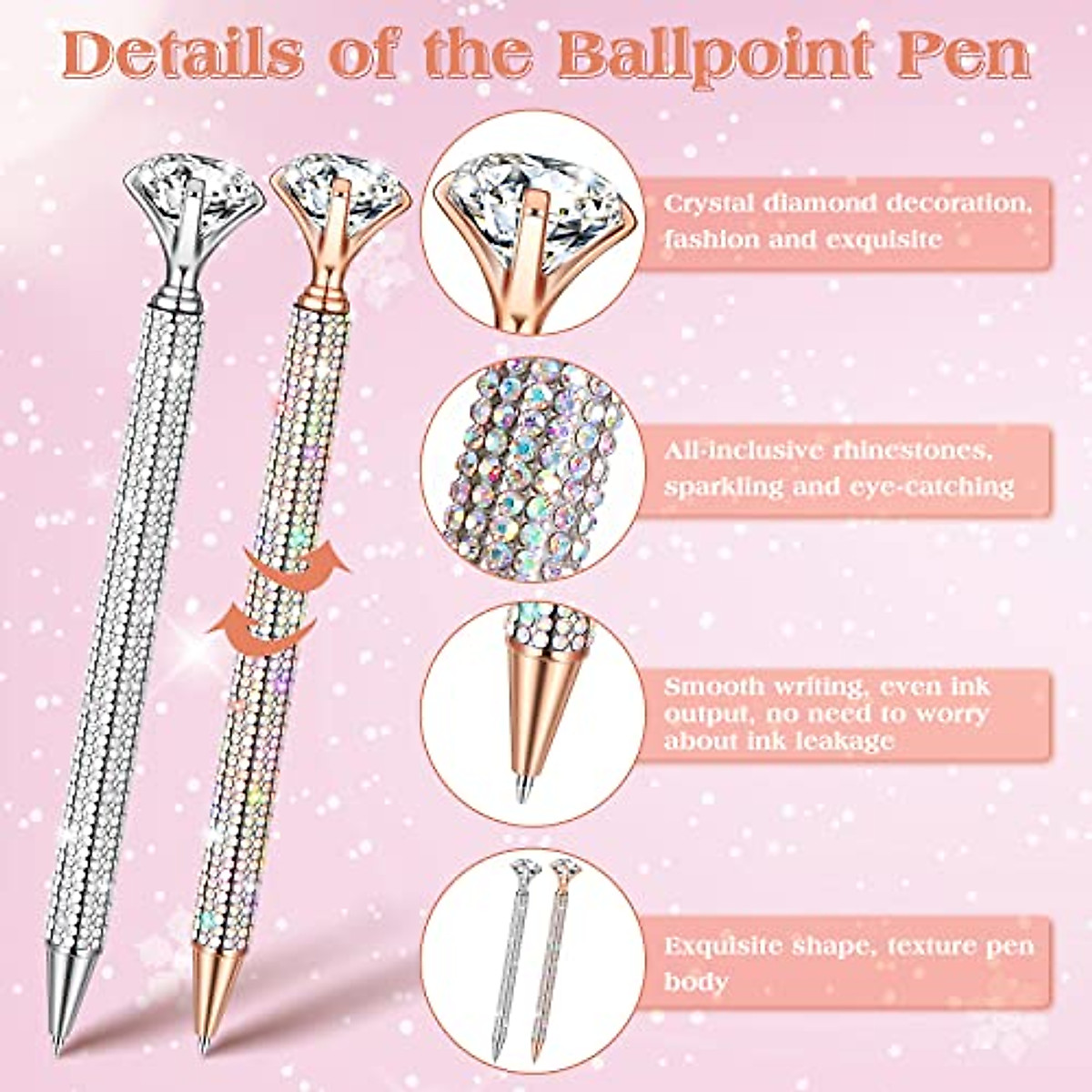6 Pcs Big Diamond Pens with Crystal Bling Rhinestone Pen Metal Diamond Ballpoint Pens Glitter Wedding Bridal Shower Favors Diamond Black Ink Pens for Birthday Gift Supplies (Silver, Rose Gold)