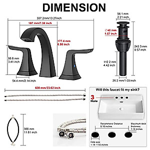 Bathroom Sink Faucet, Black Bathroom Faucets, Widespread Bathroom Faucet for Sink 3 Hole - 2-Handles Faucet with Pop Up Drain Assembly and 2 Water Supply Lines Faucets for RV Bath Vanity