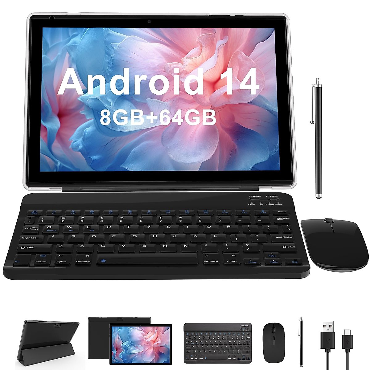 Tablet With Keyboard 2 in 1 Tablet 10 Inch Android Tablets Set include Bluetooth Keyboard/Mouse/Case/Stylus/Tempered Film,64GB+4GB WIFI 8MP Dual Camera Android 12 Tableta 6000mAh Battery 10.1" Tab PC