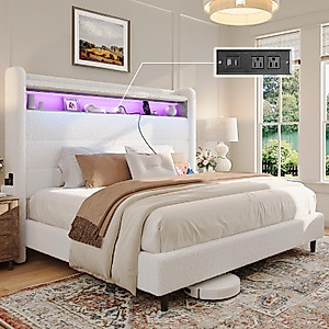 Jocisland Queen Bed Frame with Tall Headboard and LED Lights Charging Station Upholstered Platform Bed Wingback, No Box Spring, Boucle White