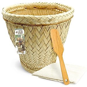 PANWA Handmade 100% Natural, Eco-Friendly, Thai Bamboo Wicker Sticky Rice “Traditional Village Vintage” Replacement Steamer Basket with Paddle Spoon and Cotton Cheesecloth Filter