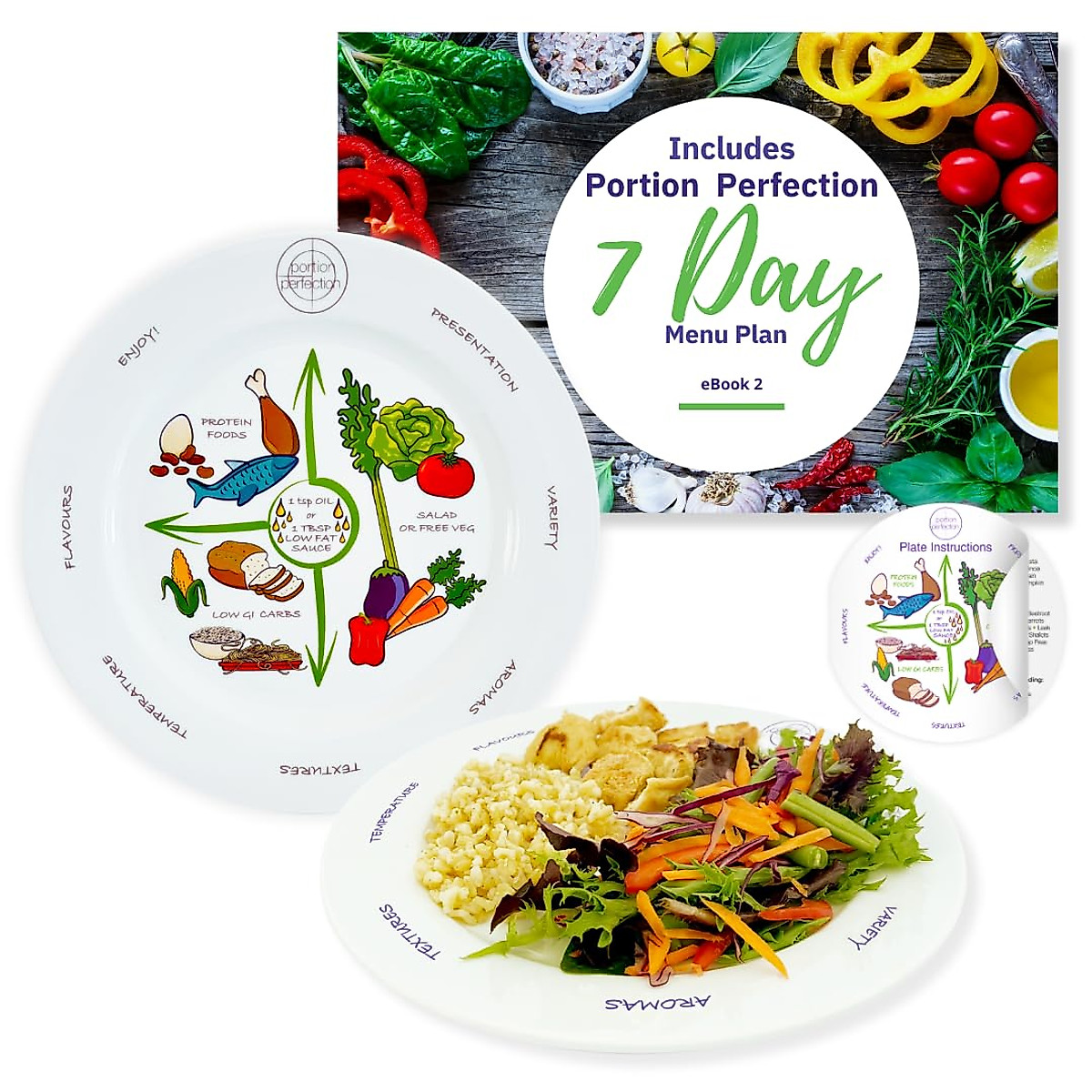 Portion Perfection PORCELAIN Weight Loss Plate for Women & Men | 2 Weightloss Serving Sizes on all 10 inch Adult Portion Control Plates, Ideal Weight Loss Products For Diabetes & Healthier Diets |