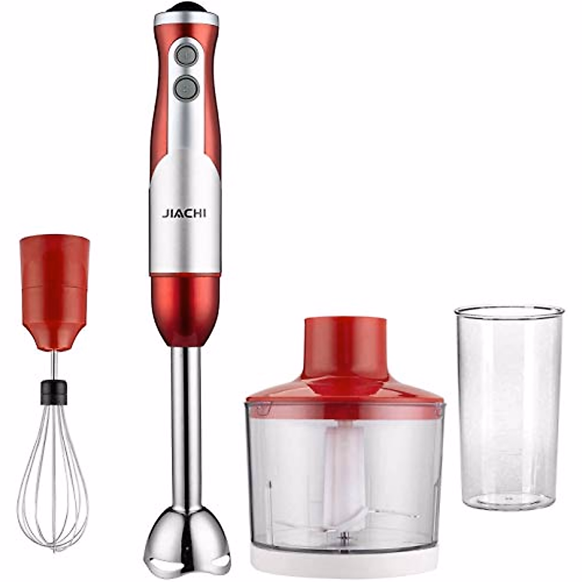 JiaChi 800W Variable Speed Immersion Hand Blender Set Includes BPA-Free Food Chopper/Egg Beater/Beaker, Titanium Coating Blade, Ergonomic Grip Detachable, Comfortable Silicone Button, Red