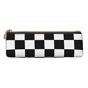 Ykklima Black White Race Checkered Flag Pattern Leather Pencil Case Zipper Pen Makeup Cosmetic Holder Pouch Stationery Bag for School, Work, Office
