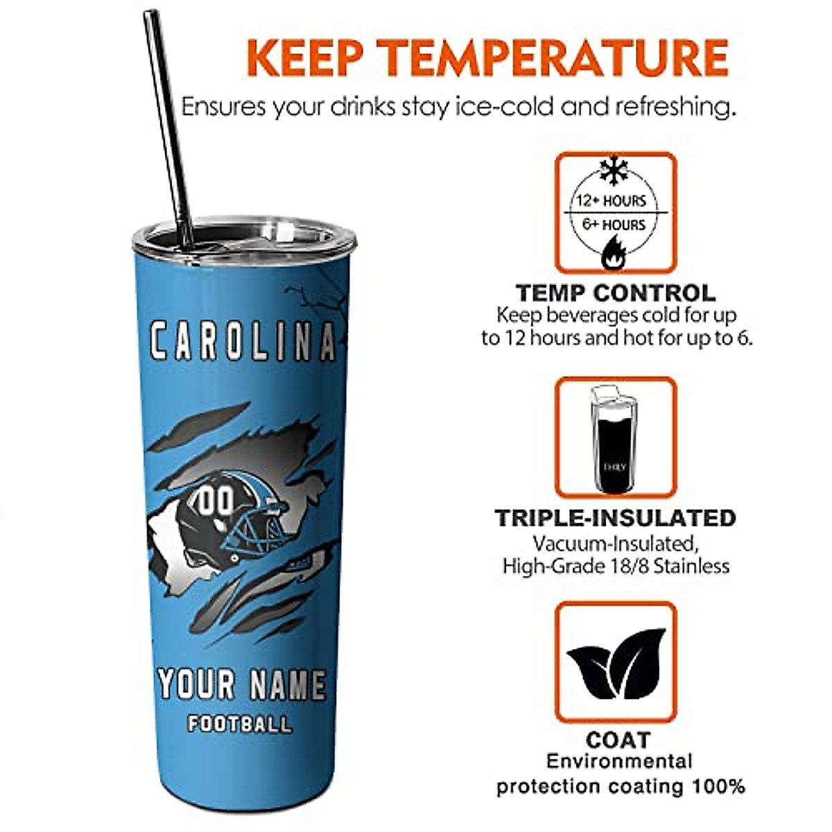 20oz Customs Football City Tumbler with Lid and Straws, Personalized Football GIfts for Fans, Travel Cup Adds Your Name and Number