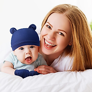 URATOT 6 Sets Newborn Baby Hats Mittens Sets Unisex Cotton Bear Ears Infant Caps Beanie Hat No Scratch Mittens for 0-3 Months