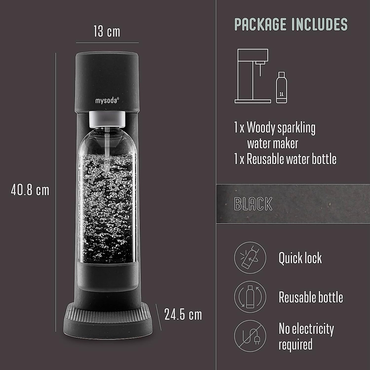 Mysoda Woody Sparkling Water Maker - Silent Carbonated Water Machine Made of Renewable Wood Composite and 1L Water Bottle - Without CO2 Cylinder - Seltzer Maker Machine - Colour Black