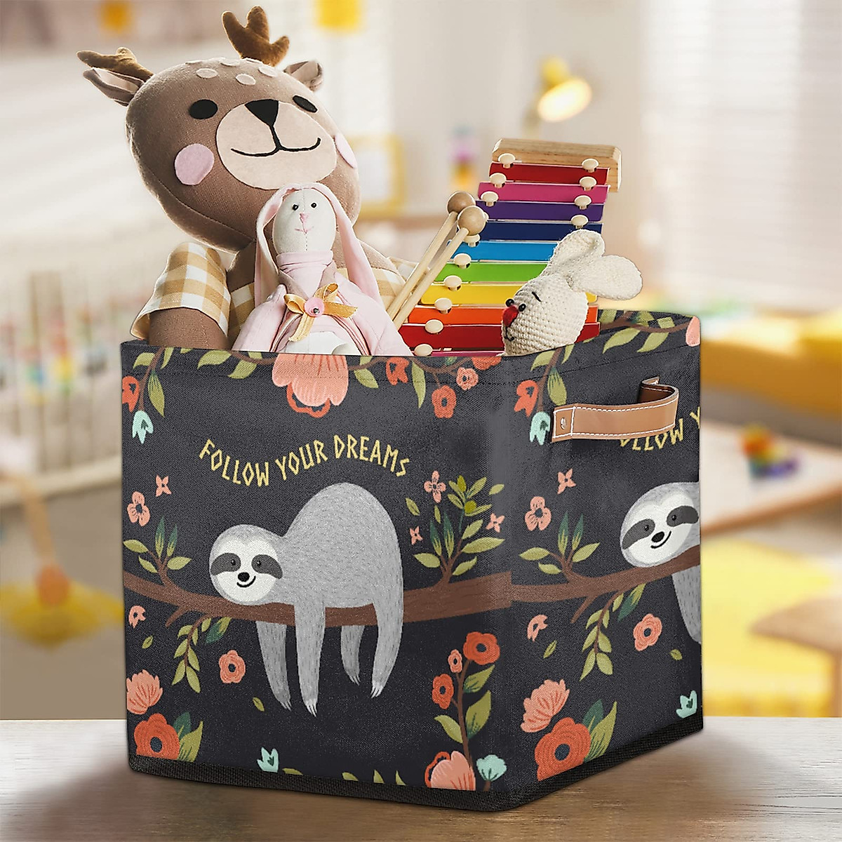 AUUXVA Follow Your Dream Quote Storage Basket for Closet, Cute Sloth Storage Bins with Handles, Foldable Storage Cube Boxes for Toys Shelves Pantry Nursery Organizing