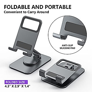 Teskyer 360 Degree Rotatable Cell Phone Stand, Hight and Angle Adjustable Phone/Tablets Holder, Foldable Desktop Phone Stand, Compatible with All Mobile Phones, iPhone 14, iPad, Tablets, Gray