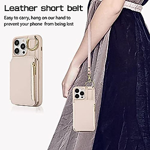 Nunwiza for iPhone 13 Pro Max Case Wallet with Card Holder Shoulder Hand Straps, Crossbody Leather Zipper Handbag Purse Flip Case Compatible with iPhone 13 Pro Max 6.7 Inch Beige