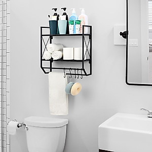Bath Towel Shelf 2 Tier Towel Rack Wall Mount Towel Holder with Shelf Bathroom Shelves with Towel Bar and Hooks Industrial Wall Shelf Over Toilet for Towel Tissue Storage Organizer, Modern Black