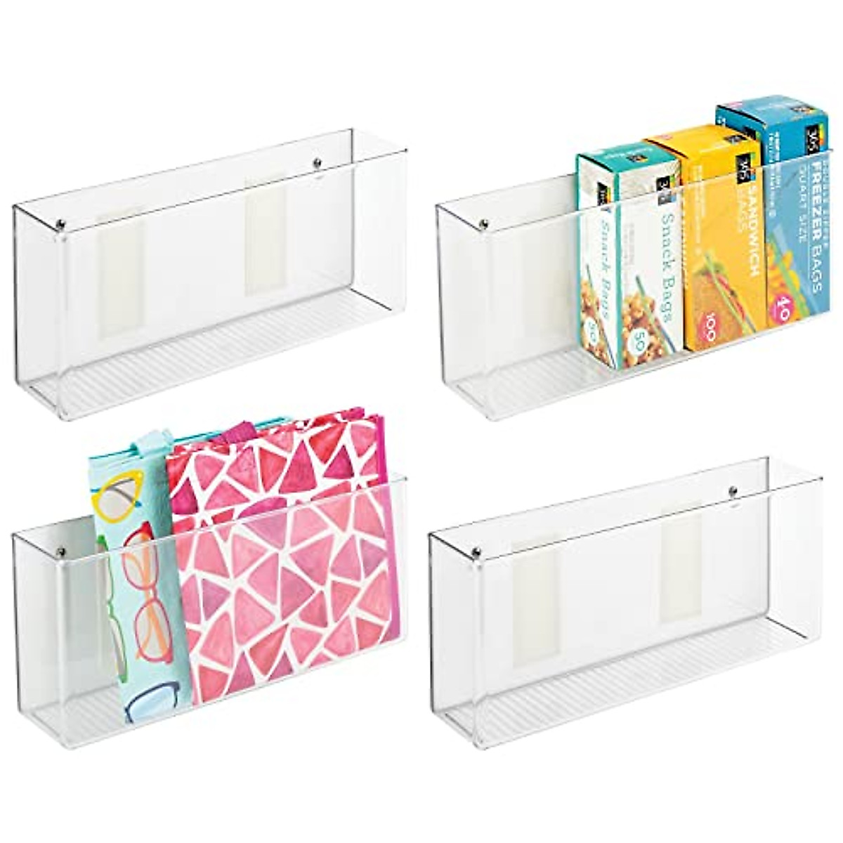 mDesign Plastic Adhesive Mount Storage Organizer Container for Kitchen or Pantry Wall Organization - Space Saving Holder for Sandwich Bags, Foil - 16" Wide - Ligne Collection - 4 Pack - Clear