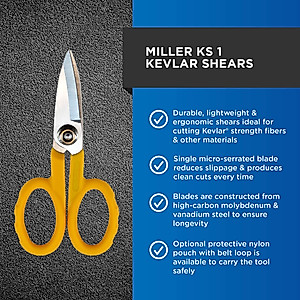 Miller KS-1 Yellow Fiber Optic Kevlar Scissors, Easily Portable Utility Scissors for Working Technicians, Electricians, and Installers, Heavy-Duty Cable Cutters, 5.5 Inches