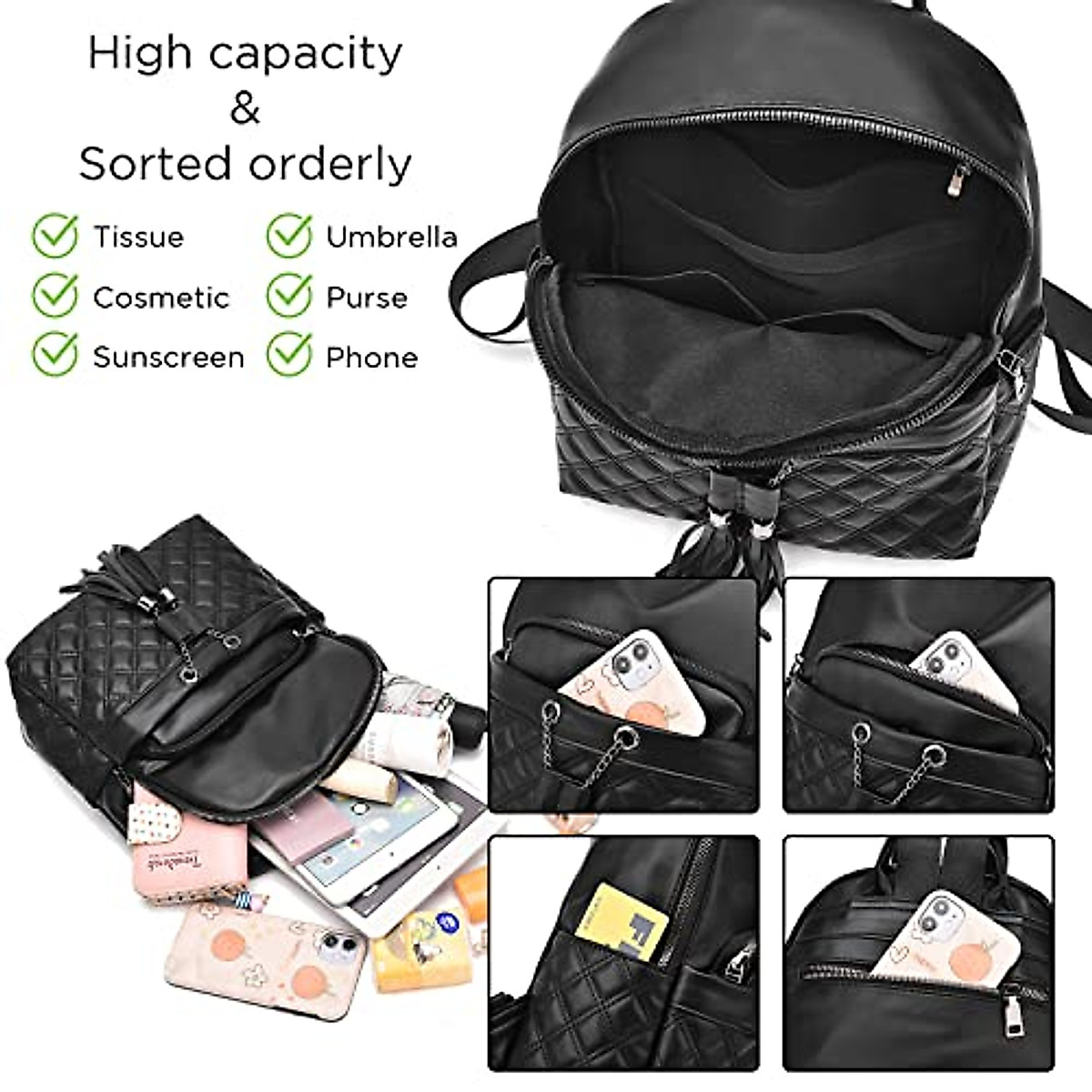 I IHAYNER Girls Fashion Backpack Purse for Women Mini Backpack for Teen Girls PU Leather Multipurpose Travel Backpack with Charm Tassel Black