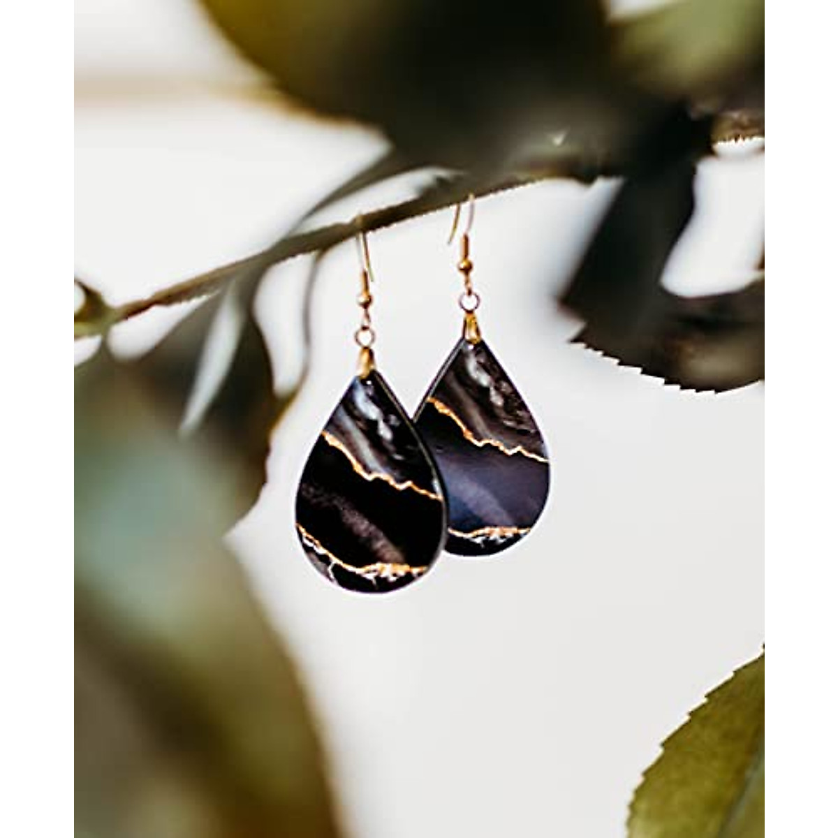 Black Earrings for Women Dangle Teardrop Trendy Boho Jewelry Gift for Her Handmade from The Painted Pug (Black and Gold)