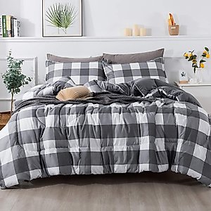 Andency Grey Queen Comforter Set, 3 Pieces Grey White Buffalo Check Plaid Bedding Comforter & Sets, Light Gray Soft Lightweight Fluffy All Season Bed Set