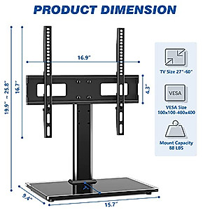 Rfiver Universal Table Top TV Stand TV Base Replacement for Most 27 30 32 39 40 42 43 49 50 55 60 Inch LCD LED Plasma Flat Screen TVs, Vesa Mount Holds up to 88 lbs, Height Adjustable