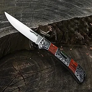 FU-GLBY Classical Folding Pocket Knife with clipCollection Engraved Bolsters Tactical Survival Knife Elegent EDC Knife for Men (red wood)