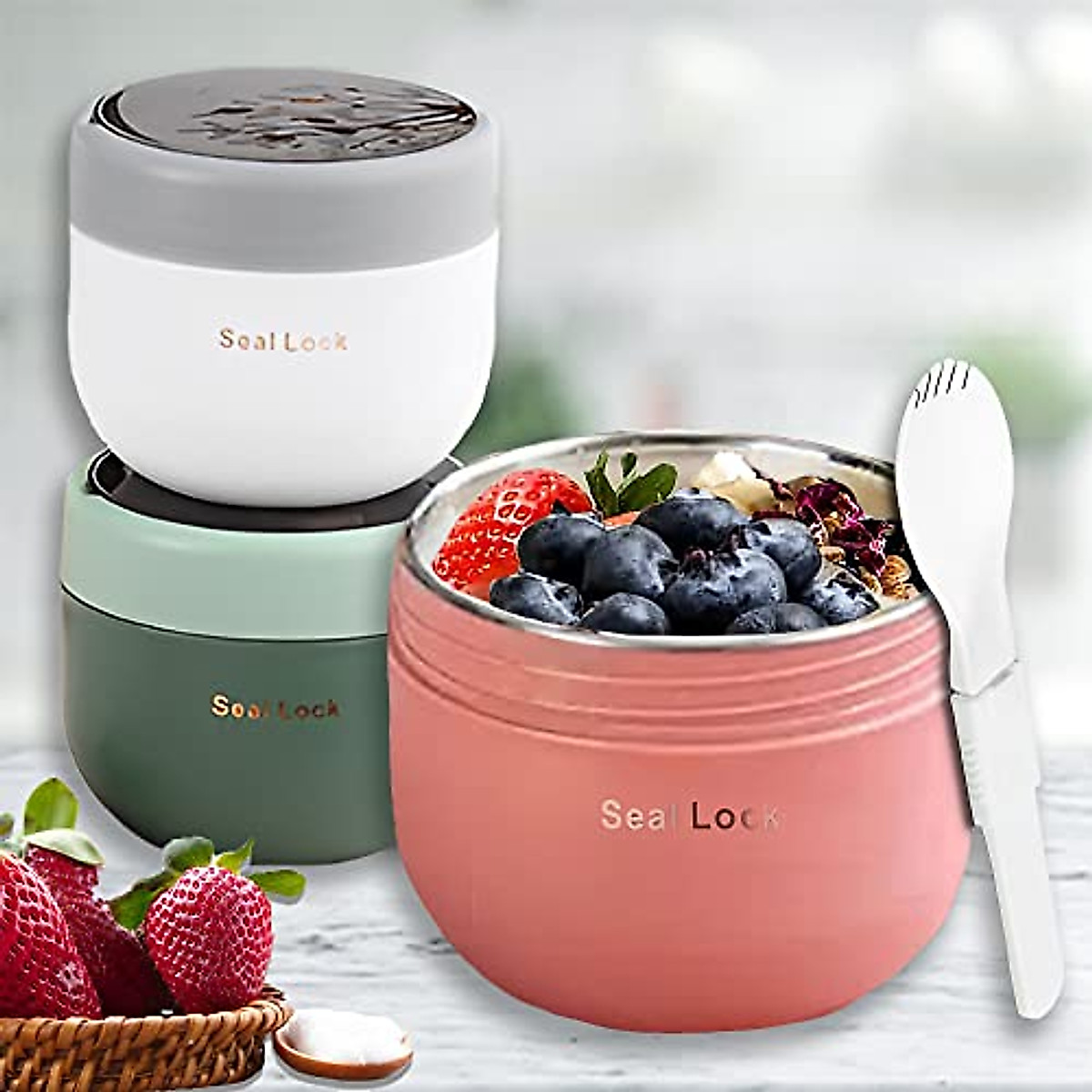 (White) 21oz Stainless Steel Insulated Food Thermos with Lids and Spork for Hot and Cold Food, Overnight Oats Container for, Food Storage Container, Meal Prep Container, Soup Thermos,