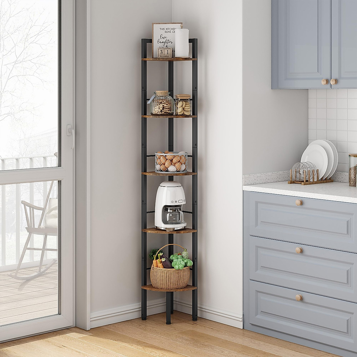 Tajsoon Narrow Corner Shelf Stand 5 Tier 66.5" Industrial Corner Ladder Shelves with Metal Frame, Multipurpose Tall Corner Bookshelf Bedroom, Living Room, Office, Kitchen, Rustic Brown