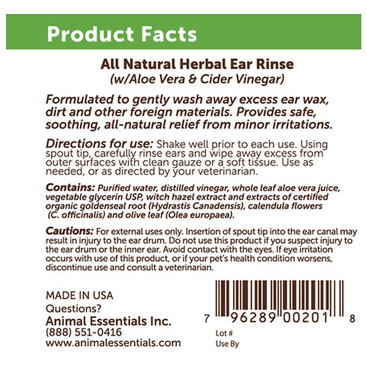 Animal Essentials Herbal Ear Rinse for Dogs & Cats - Ear Cleaner, Cleaning Solution, Ear Wash, Ear Cleanser, Ear Drops, Aloe Vera - 4 Fl Oz