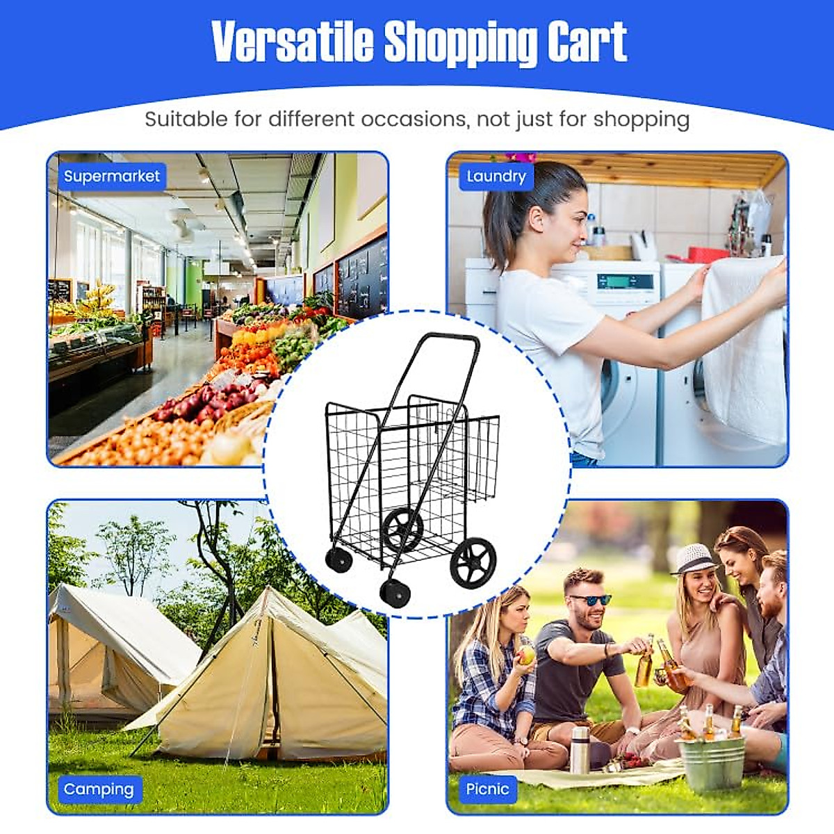 Safeplus Folding Shopping Cart, Utility Cart with Rolling Swivel Wheels&Double Basket, Grocery cart for Grocery, Laundry,Book,Luggage, Travel (Light Weight 24" x 24" x 40", Black)