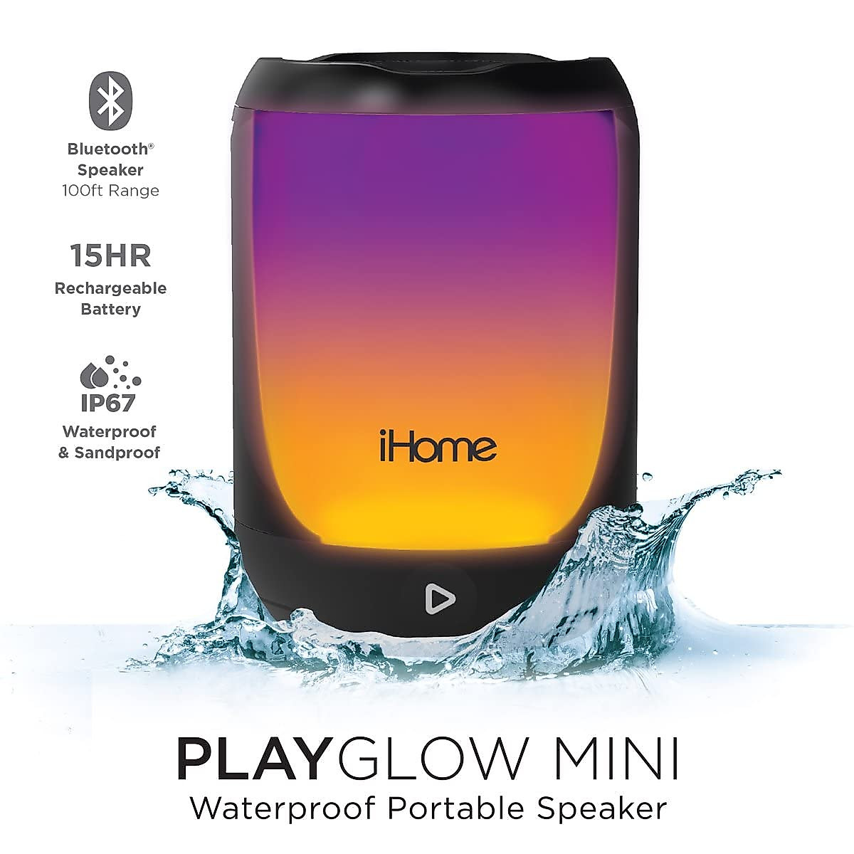 iHome Bluetooth Portable Color Changing iP67 Waterproof, Floatable Bluetooth Speaker with Mega Battery, Rechargeable Speaker