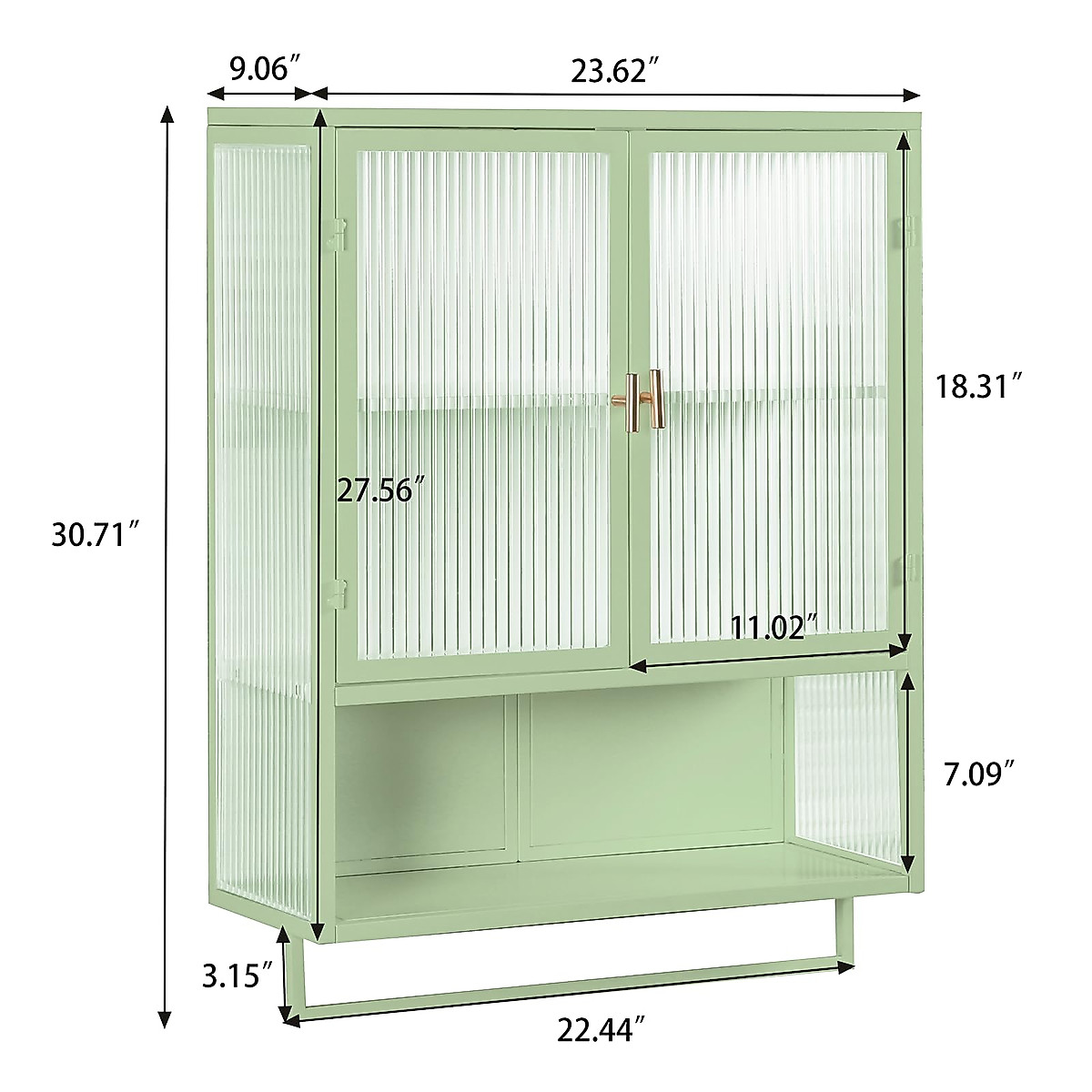 VKTO Bathroom Wall Cabinet with 2 Glass Door, Over The Toilet Storage Metal Hanging Cabinet with Towels Bar and Shelves, Medicine Cabinet for Bathroom Laundry Room Kitchen (Green)