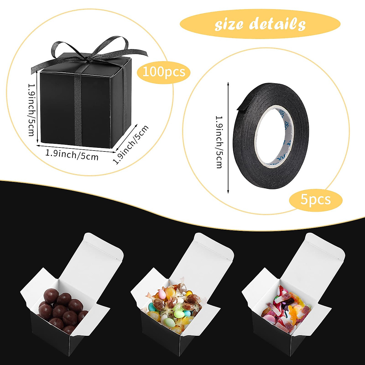 Hooqict Small Gift Boxes for Presents 100pcs 2x2x2 inches Black Favor Boxes Paper Gift Boxes with Ribbons Candy Boxes Party Favors for Wedding Baby Shower Birthday Party Ornament
