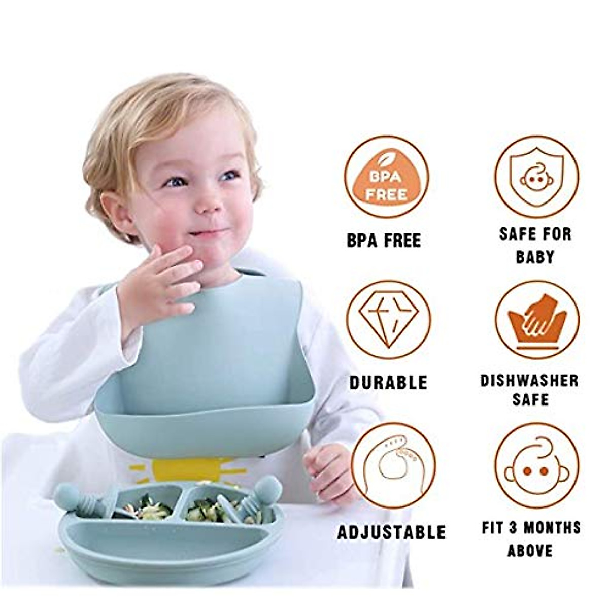 Baby Feeding Set Silicone Baby Bib Baby Plate Bowl Spoon Fork Divided Plate Baby Teether Baby Led Weaning Baby Gift Set