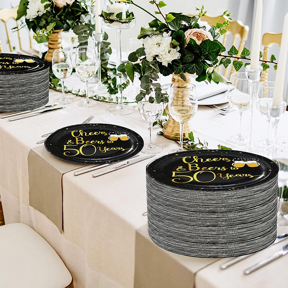 50Pcs 50th Birthday Plates 50th Birthday Party Supplies 7"50th Dessert Plate Cheers to 50 Years Cake Plates for Cheers & Beers Black Gold Theme 50th Birthday Anniversary Whiskey Party Decoration(50th)