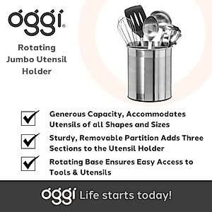 Oggi Jumbo Stainless Steel Rotating Utensil Holder with Removable Divider - Stylish kitchen cooking utensil organizer. Height 7.5".