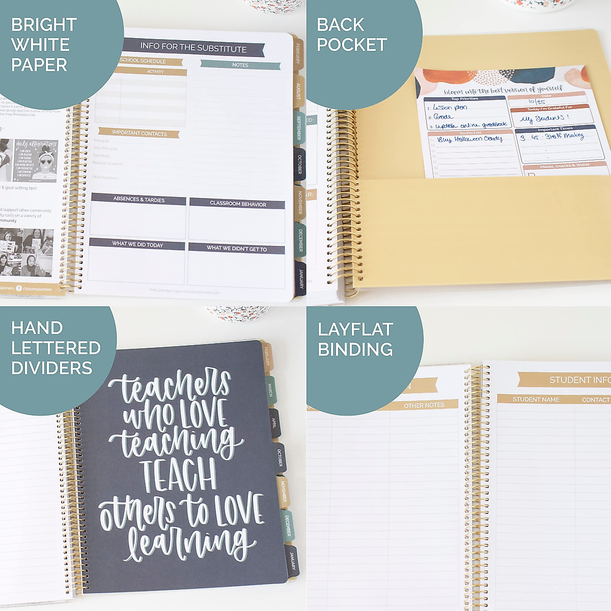 bloom daily planners Undated Academic Year Teacher Planner & Calendar - 7 Period Lesson Plan Organizer Book with Frosted Cover (9" x 11") (Interchangeable Cover)