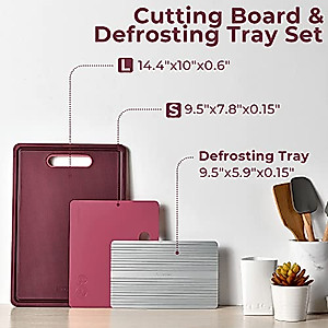 Linoroso Cutting Boards for Kitchen with Defrosting Tray Set of 3, Dishwasher Safe Plastic Cutting Board with Deep Juice Grooves, Non-Slip Durable Chopping Boards for Meat, Veggies, Fruits - Red