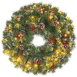 Dazzle Bright 24 Inch Pre-Lit Christmas Wreath, Large Artificial Wreath with Red Berry Pine Cone Spruce, Battery Operated 50 LED Christmas Door Decorations Outdoor Indoor for Front Door Mantel Decor