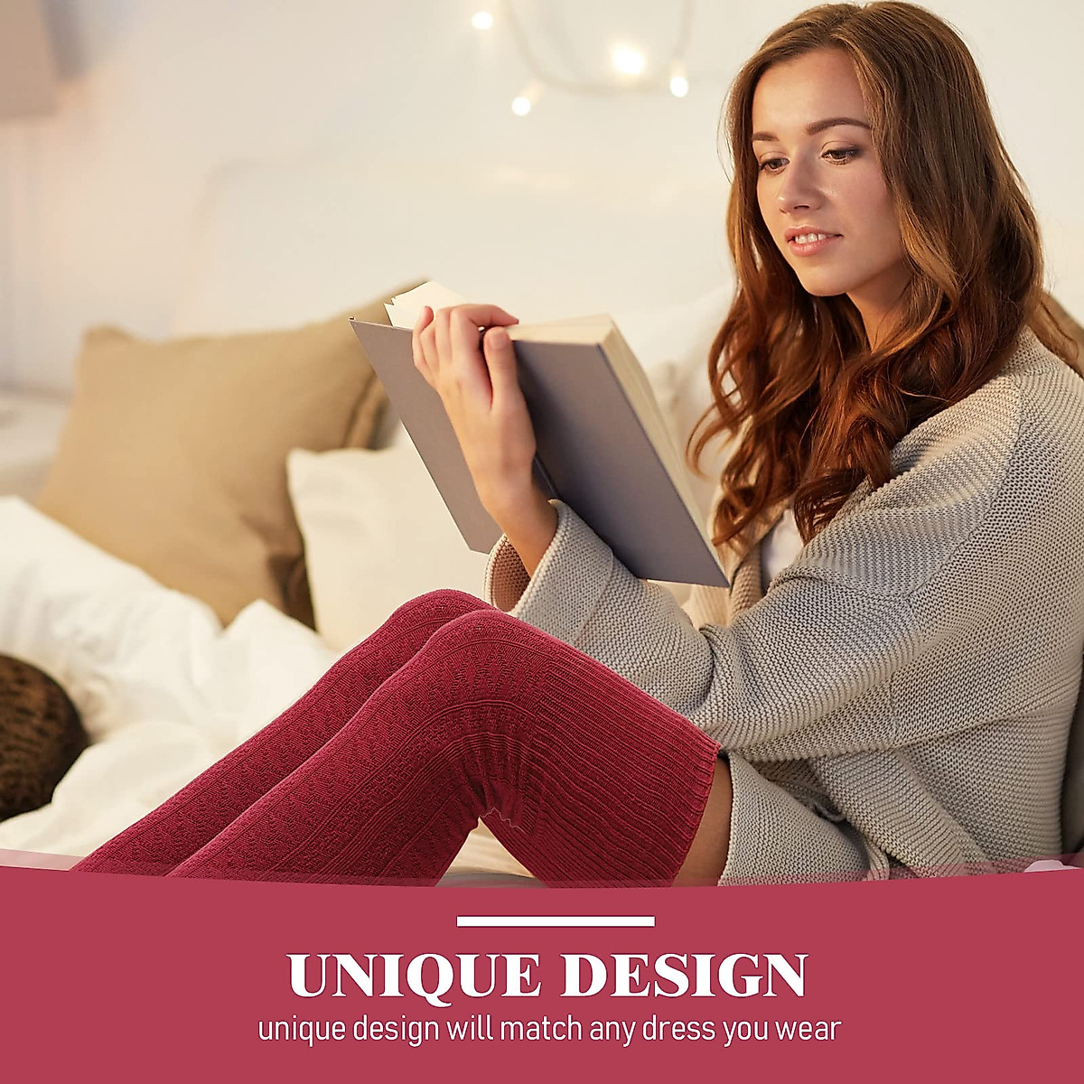 SATINIOR 4 Pairs Thigh High Socks for Women Knit Socks Long Over the Knee Soft Material Socks Leg Warmers(Wine Red, Navy Blue, Brown, Gray, 4 Pair)