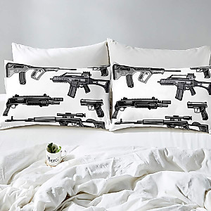Feelyou Guns Bedding Set Firearms Ammunition Duvet Cover Set for Kids Boys Teens Submachine Gun Sniper Rifle Comforter Cover War Theme Quilt Cover Bedroom Collection 3Pcs King Size