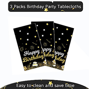 MRJ 3 Pack Gold and Black Happy Birthday Tablecloths 54"x108" Star Birthday Table Cover for Kids Boys Girls Baby Shower