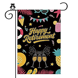 Happy Retirement Garden Flag, Retire Gift Grandparents Garden Banner Goodbye Tension Hello Pension Flag Yard Outdoor Decor, 12 x 18"
