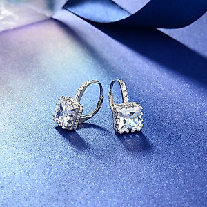 925 Sterling Silver 0.27Inch Princess Cut Cubic Zirconia Leverback Earrings for Women